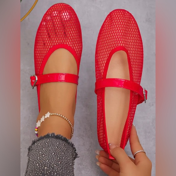 Shoes | New Fishnet Mesh Ballet Flats Heart Silver Buckle Nwt Black ...